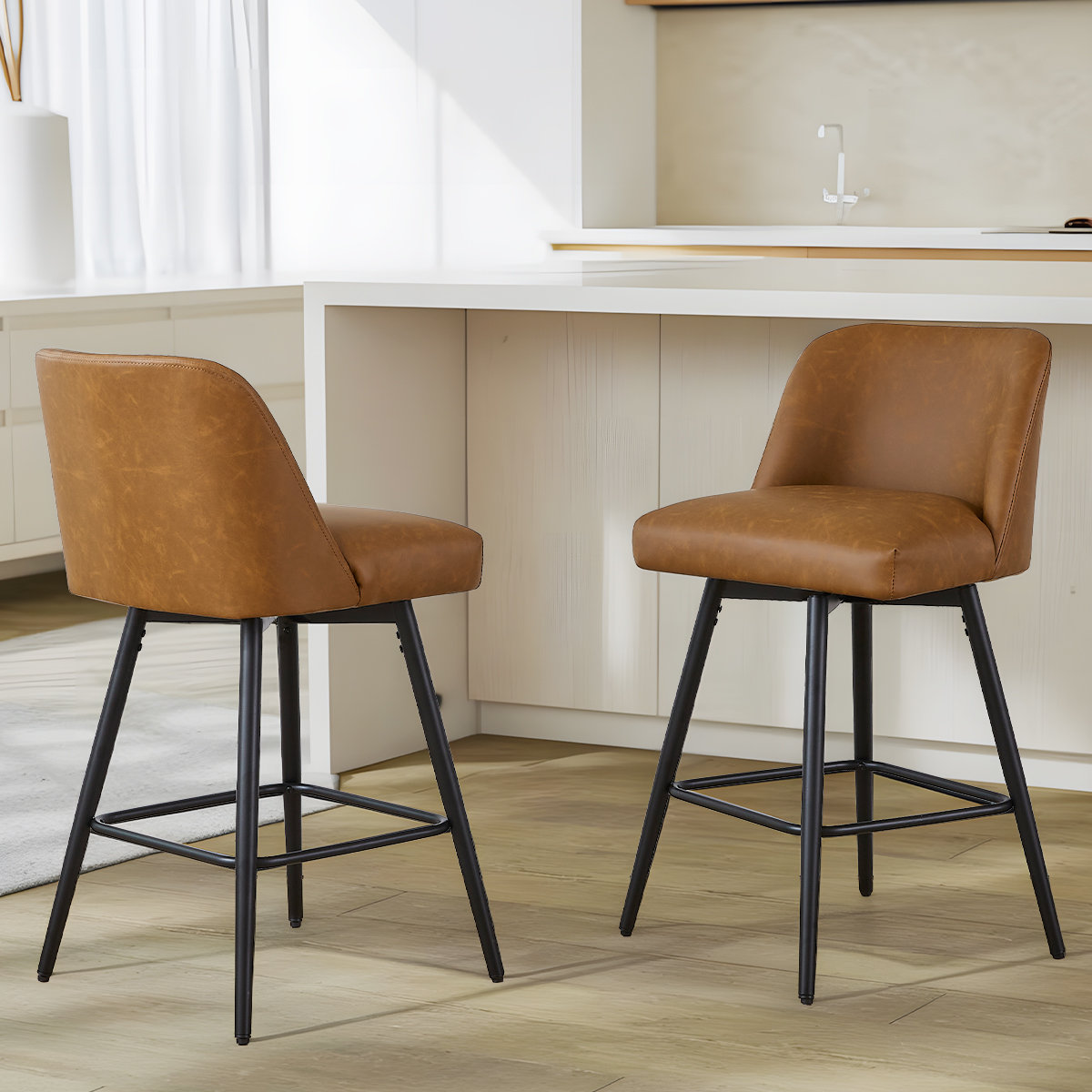 George Oliver Modern Bar Stools, 26" Counter Height Brown Barstools, Swivel High Back Kitchen ...